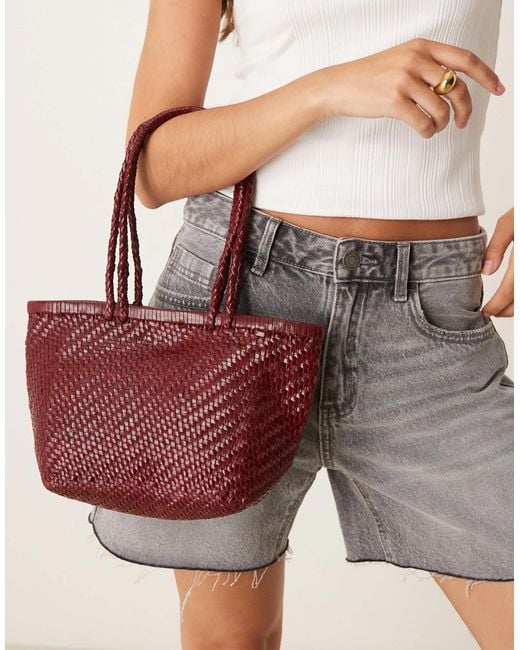 Mango Woven Leather Hand Bag in Red | Lyst