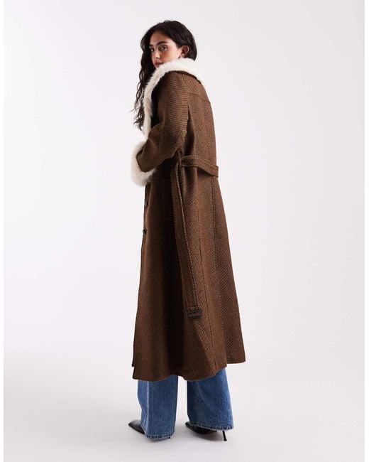 ASOS Textured Longline Penny Lane Coat With Faux Fur Trim in White | Lyst