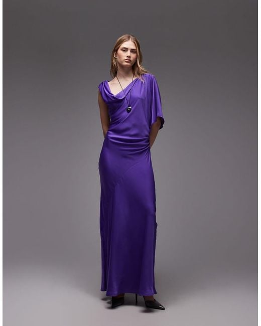 ASOS Satin Maxi Dress With Cowl Front And Draped Sleeve in Purple | Lyst UK