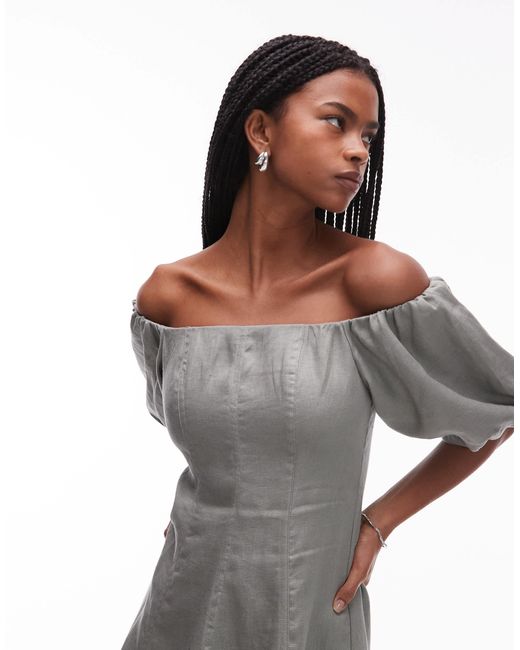 Mango Linen Puff Sleeve Midi Dress in White | Lyst
