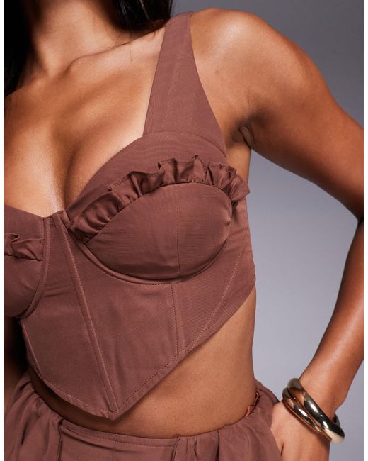 ASOS Corset Cropped Top Co-ord With Ruffle Detail in Brown | Lyst