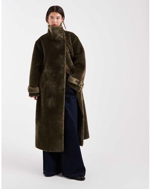 ASOS Cosy Borg Funnel Neck Longline Coat in Black | Lyst UK