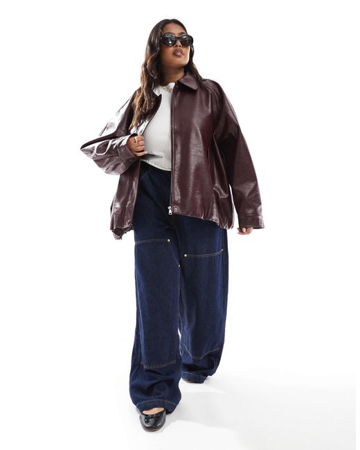 ASOS Asos Design Curve Leather-look Oversized Bomber Jacket in Red | Lyst