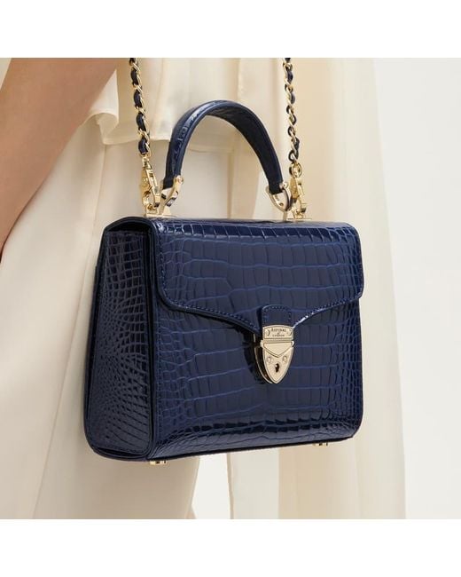 Aspinal of London Mayfair Midi Midnight Patent Croc Bag in Blue | Lyst