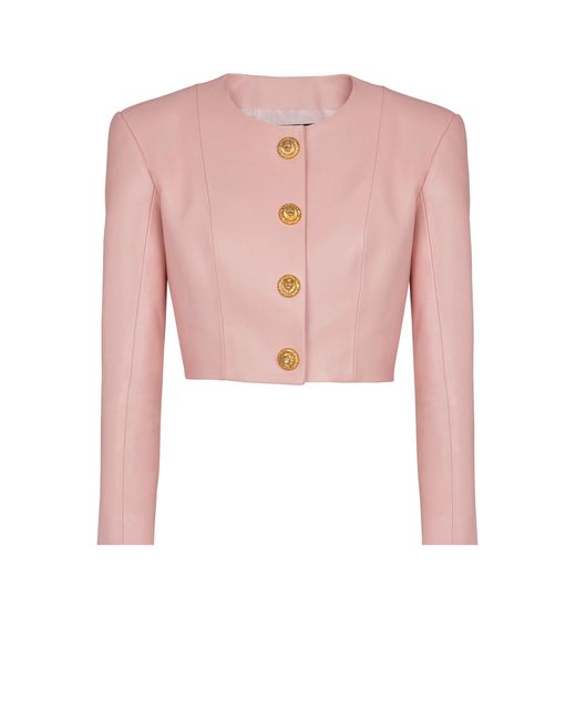 Balmain Cropped Lambskin Jacket in Pink | Lyst UK