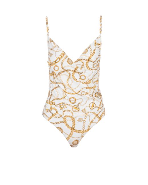 Balmain Chaînes Pattern Printed One-Piece Swimsuit in White | Lyst UK