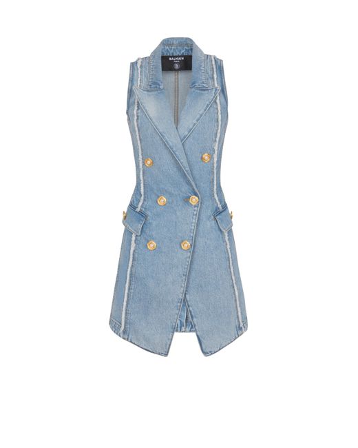 Balmain Six-Button Raw Edge Denim Mini Dress in Blue | Lyst UK
