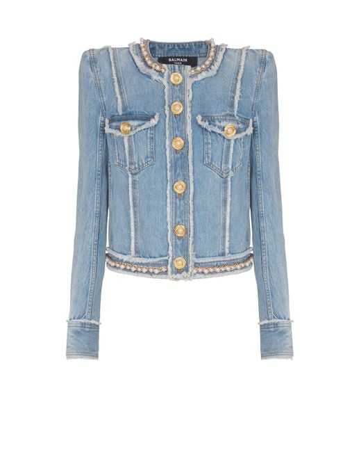 Balmain Denim Jacket With Pearl Trim in Blue | Lyst