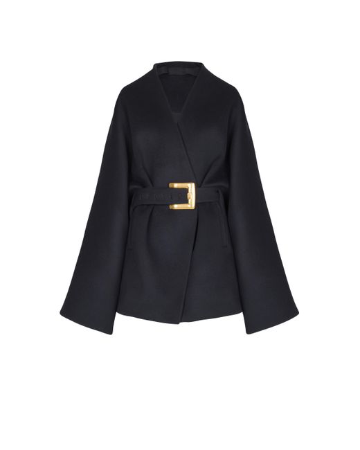 Balmain Short Wool Wrap Coat in Blue | Lyst UK