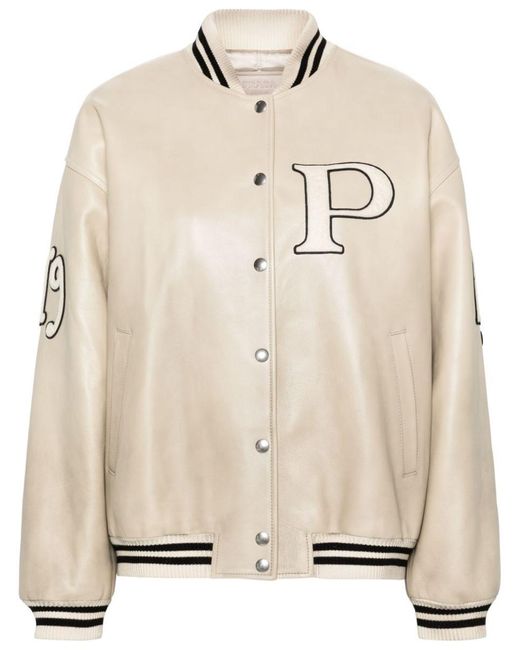 Prada Logo-Appliqué Leather Bomber Jacket in Natural | Lyst