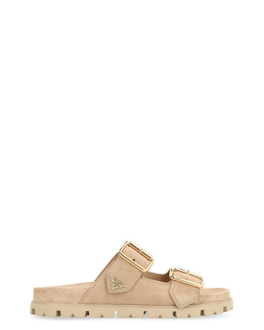 Prada Suede Buckle Slide Sandals in Natural | Lyst