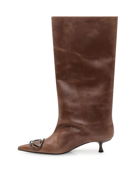 DIESEL Leather High Boots With Kitten Heel And Pointed Toe in Brown | Lyst