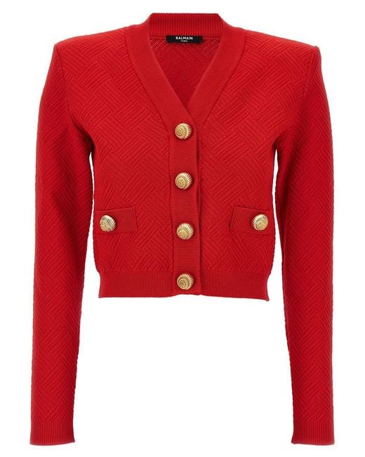 Balmain Viscose-Blend Chiocciola Button Cardigan in Red | Lyst