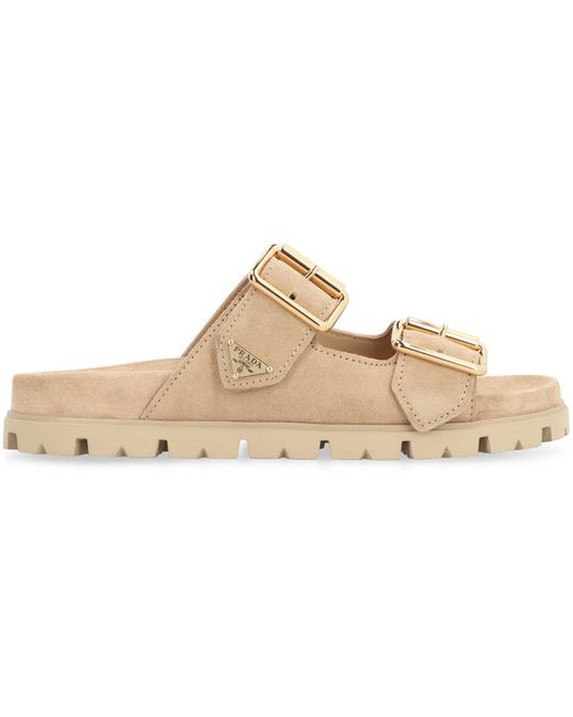Prada Suede Buckle Slide Sandals in Natural | Lyst