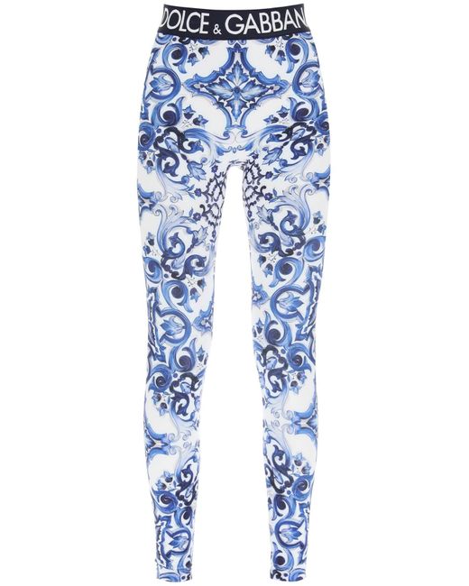 Dolce And Gabbana Majolic Print Leggings In White Blue Blue Save 3