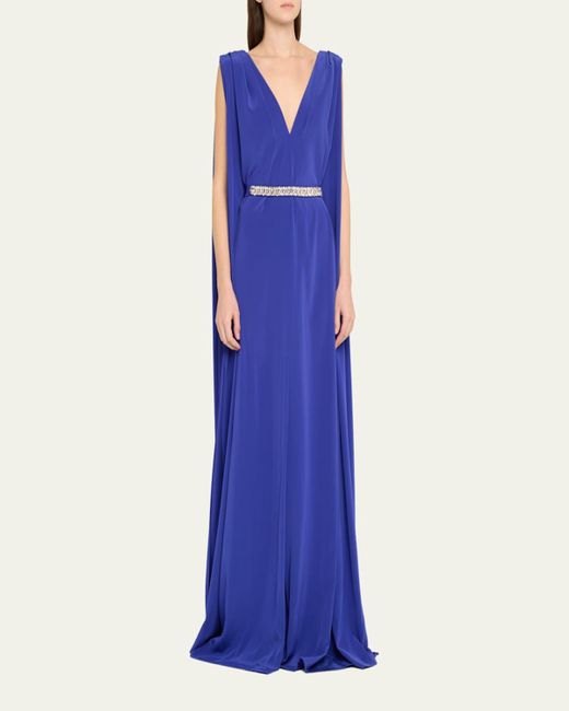 Stephane Rolland Deep V Crepe Gown With Crystal Belt in Blue | Lyst