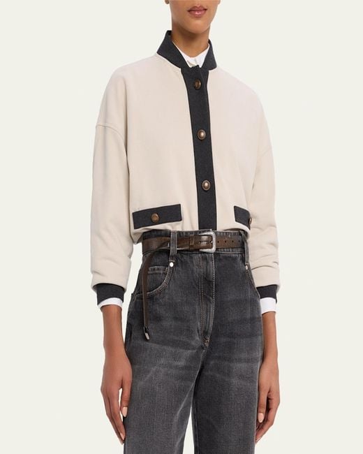 Brunello Cucinelli Felpa Buttoned Bomber Cardigan in Natural | Lyst
