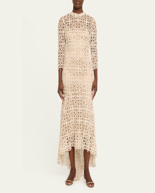 Teri Jon High-Low Stretch Crochet Maxi Dress in Natural | Lyst