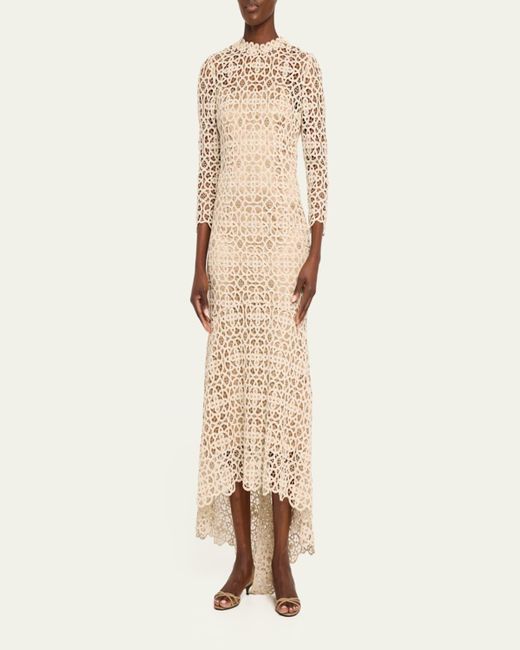 Teri Jon High-Low Stretch Crochet Maxi Dress in Natural | Lyst