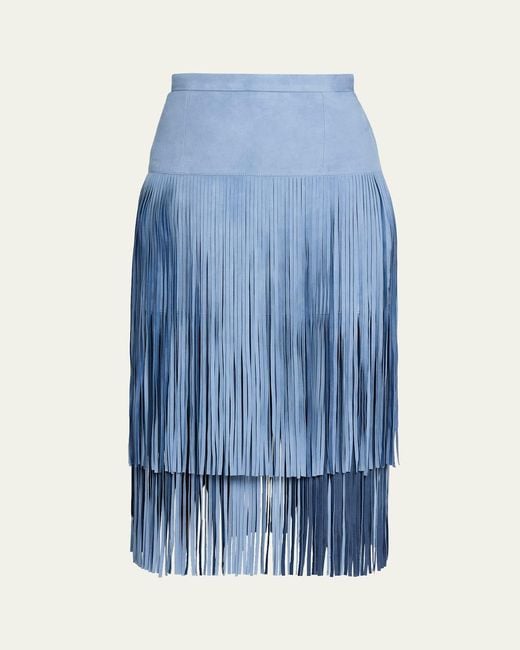 Michael Kors Tiered Fringe Suede Midi Skirt in Blue | Lyst
