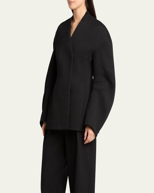 Jil Sander Sculpted Collarless Voluminous Round Darted Sleeve Wool Jacket in Blue | Lyst