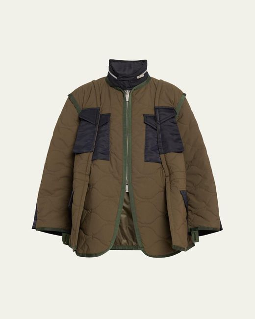 Sacai High-Neck Layered Quilted Jacket in Brown | Lyst