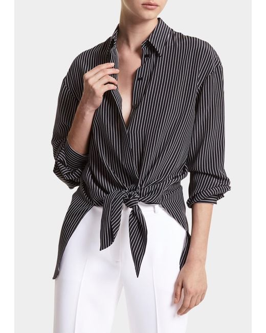 Michael Kors Striped Tie-front Silk Shirt in Gray | Lyst Michael Kors Striped Tie-front Silk Shirt in Gray | Lyst