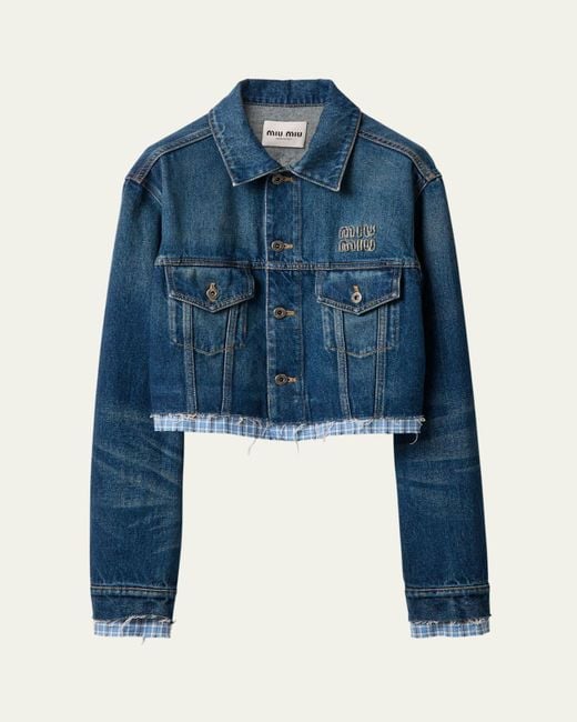Miu Miu Cropped Denim Button Down Raw-Cut Jacket in Blue | Lyst