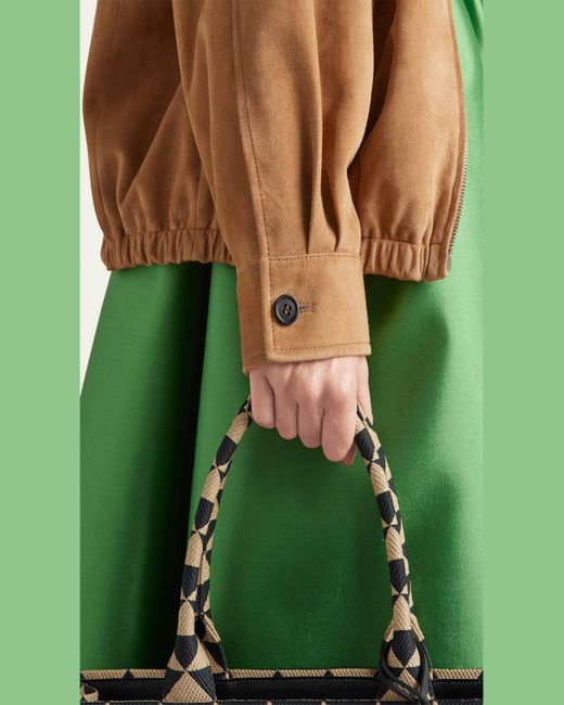 Prada Embossed Logo Suede Bomber Jacket in Natural | Lyst