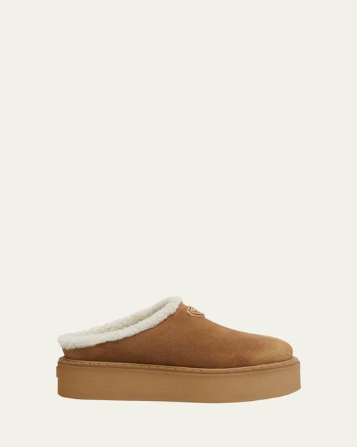 Prada Suede Shearling Cozy Platform Mules in Brown | Lyst