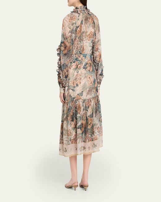 Kobi Halperin Amanda Floral-Print Ruffle Midi Dress in Natural | Lyst