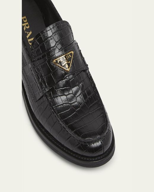 Prada Logo Croc-Embossed Leather Loafers in White | Lyst