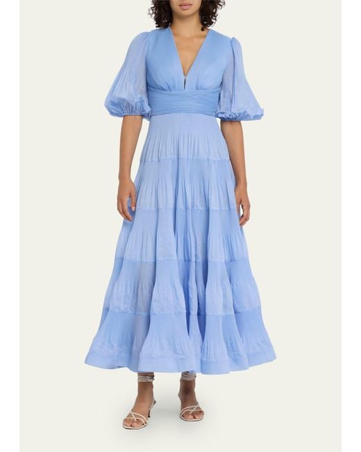 Zimmermann Pleated Puff-sleeve Midi Dress in Blue | Lyst Zimmermann Pleated Puff-sleeve Midi Dress in Blue | Lyst