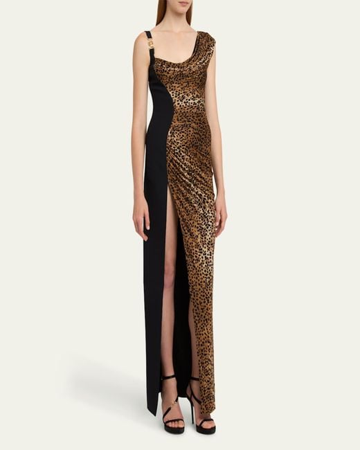 Versace Leopard-Print Draped Liquid Jersey Slit Gown in Natural | Lyst
