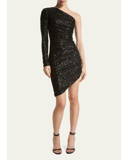 Michael Kors Sequin Embellished One Shoulder Asymmetric Dress In Black