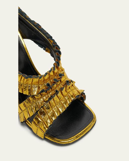 Dries Van Noten Curved-Heel Ruffled Metallic Leather Sandals in Natural ...