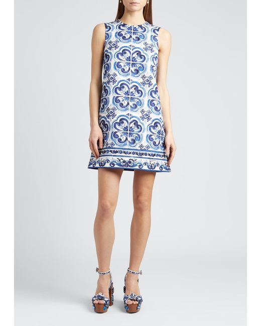 Dolce And Gabbana Tile Print Brocade Mini Dress In Blue Lyst