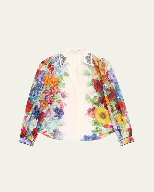 Alice + Olivia Roanne Floral Button-Front Blouse in White | Lyst