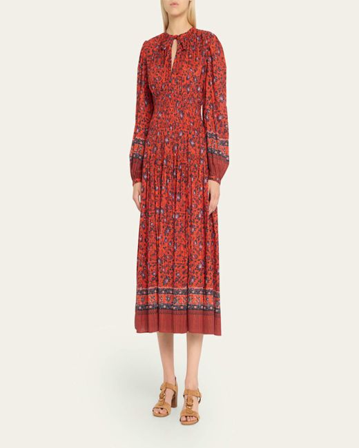 Ulla Johnson Mona Floral Long-Sleeve Midi Dress in Red | Lyst
