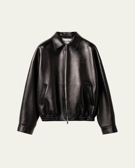 Miu Miu Plonge Nappa Leather Bomber Jacket in Black | Lyst