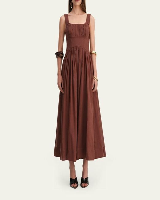 Aje. Sunny Gathered Poplin Maxi Dress in Brown | Lyst