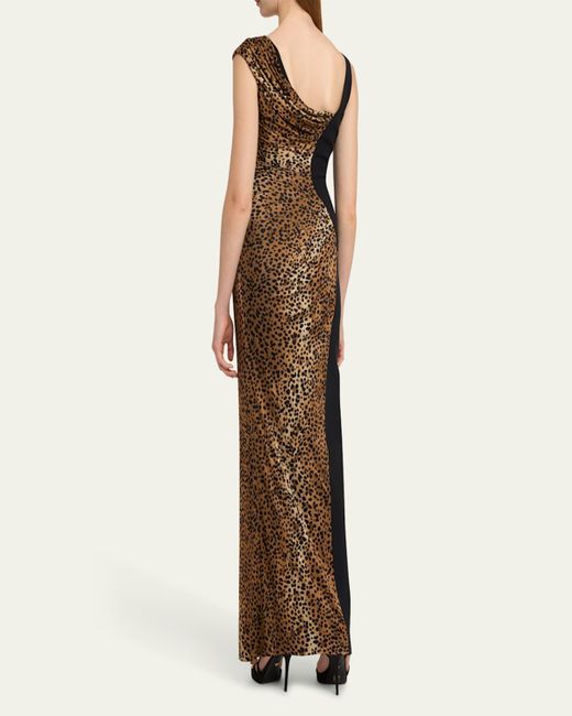 Versace Leopard-Print Draped Liquid Jersey Slit Gown in Natural | Lyst