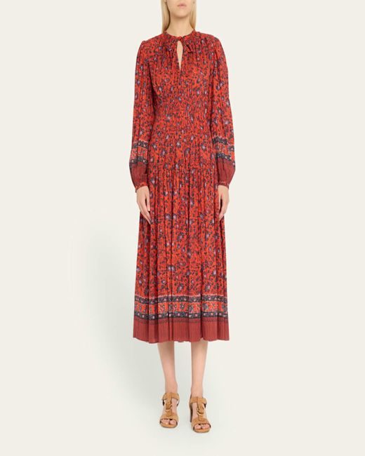 Ulla Johnson Mona Floral Long-Sleeve Midi Dress in Red | Lyst