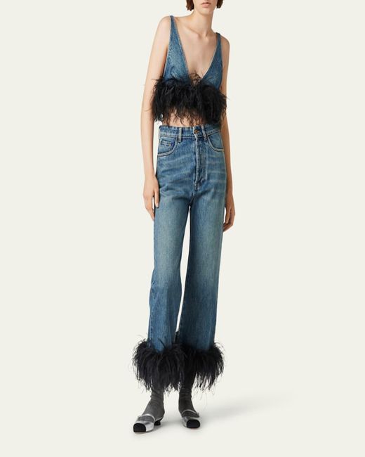 Miu Miu Denim Bra Top With Feather in Blue | Lyst