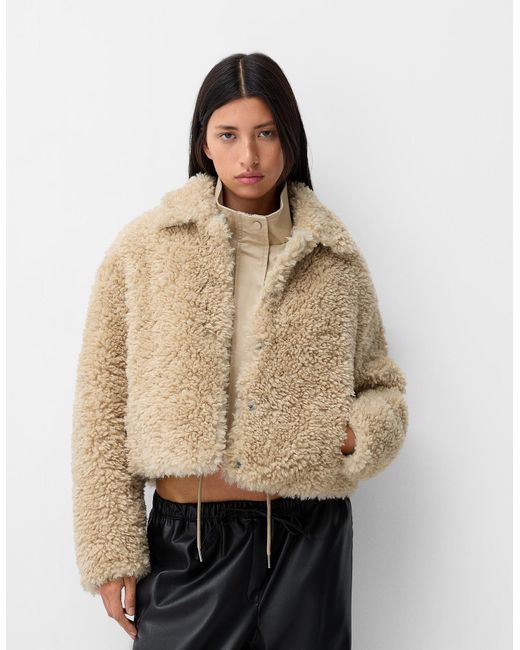 Bershka Faux Shearling Trucker Jacket in Natural | Lyst