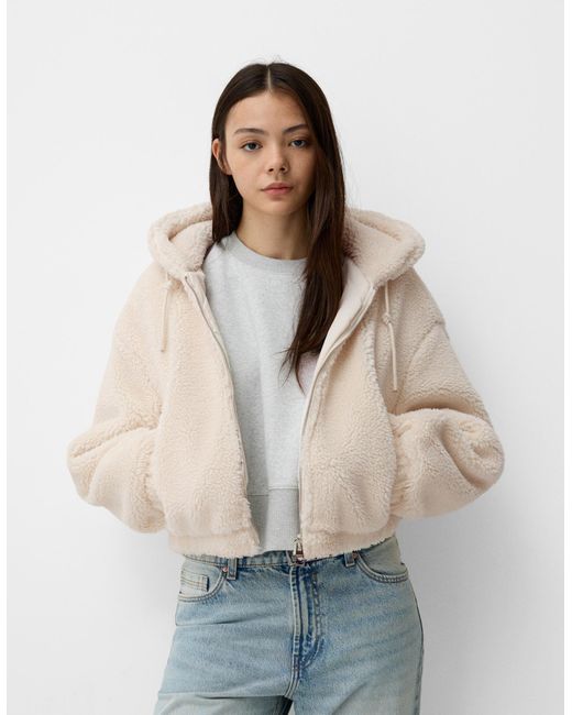 Bershka Faux Shearling Jacket With Hood Off in Natural | Lyst