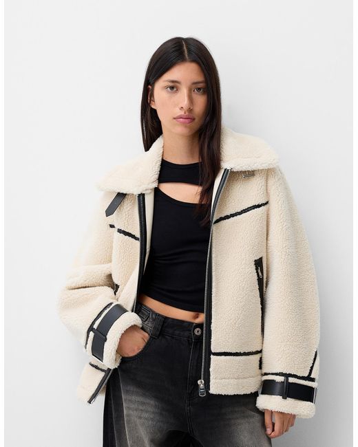 Bershka Double-Sided Faux Shearling Jacket in Natural | Lyst