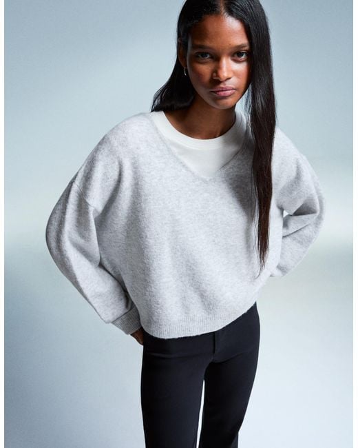 Bershka Soft Touch V-Neck Sweater in White | Lyst