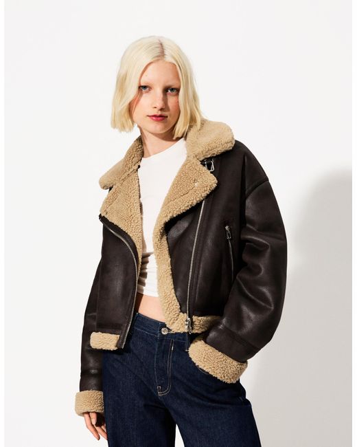 Bershka Faux Shearling Biker Jacket in Blue | Lyst