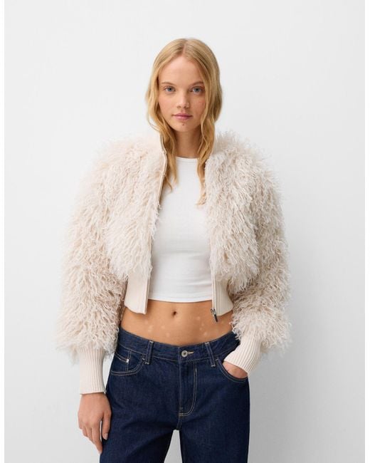 Bershka Faux Fur Jacket With Zipper in Natural | Lyst